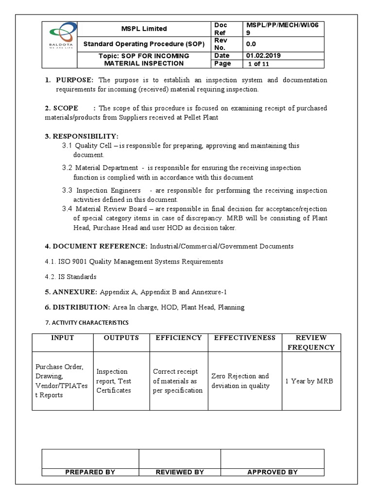 SOP For Incoming Material Inspection | PDF | Specification (Technical ...