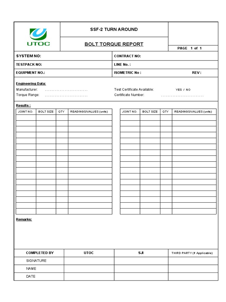 Bolt Torque Report: Ssf-2 Turn Around | PDF | Technology & Engineering