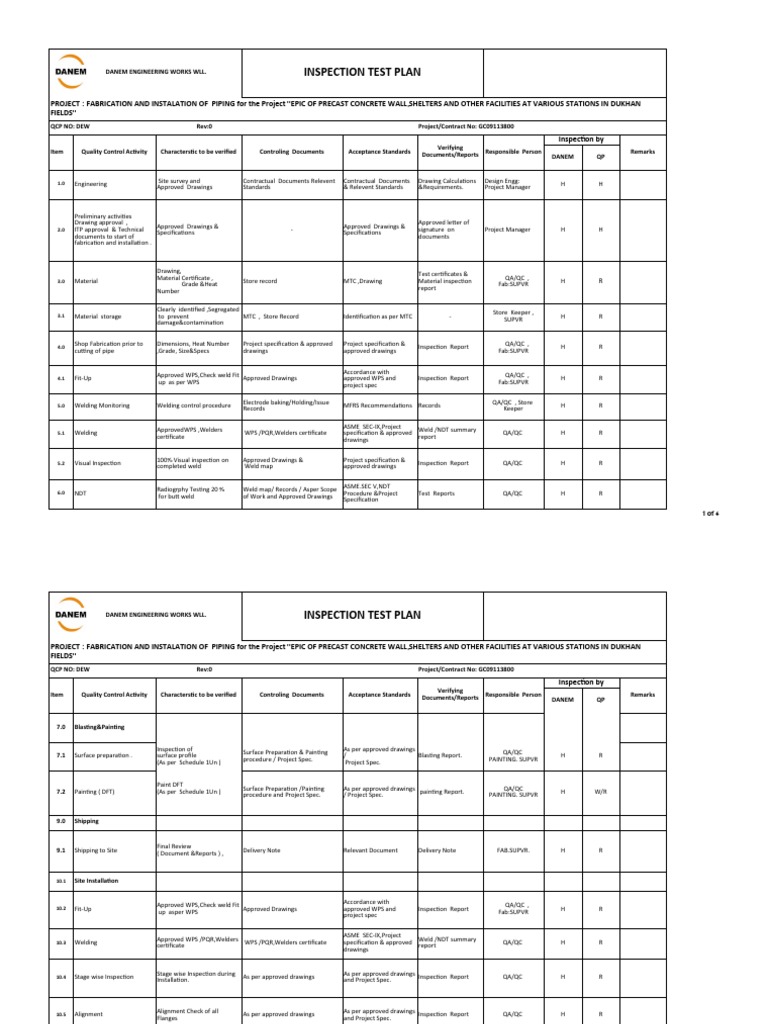 Itp For Piping QP | PDF | Nondestructive Testing | Specification ...