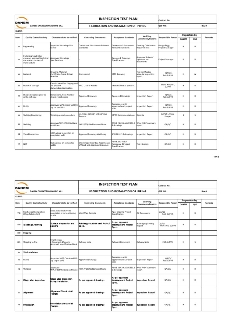 Inspection Test Plan for the Fabrication and Installation of Piping for ...