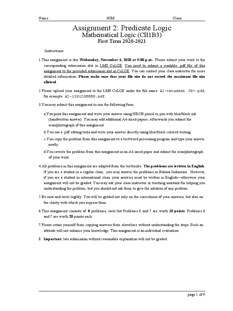 Assignment 2: Predicate Logic: Mathematical Logic (CII1B3) | PDF | Logic | Cognitive Science