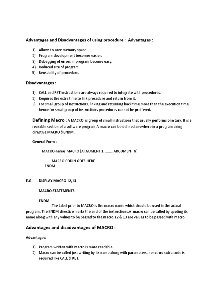 Macro vs Procedure in 8086 | PDF | Subroutine | Macro (Computer Science)