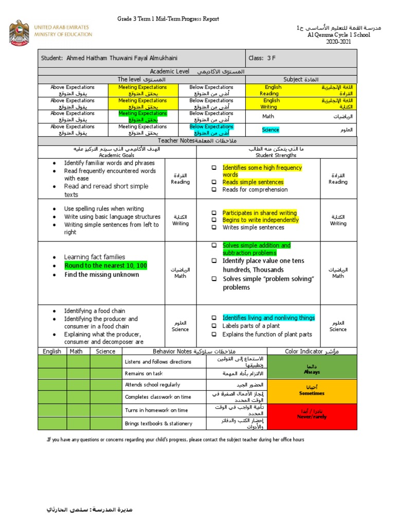 t1 Mid-Term Progress Reports 2020-2021 - 3f 1 | PDF | Reading Comprehension | Teaching Mathematics