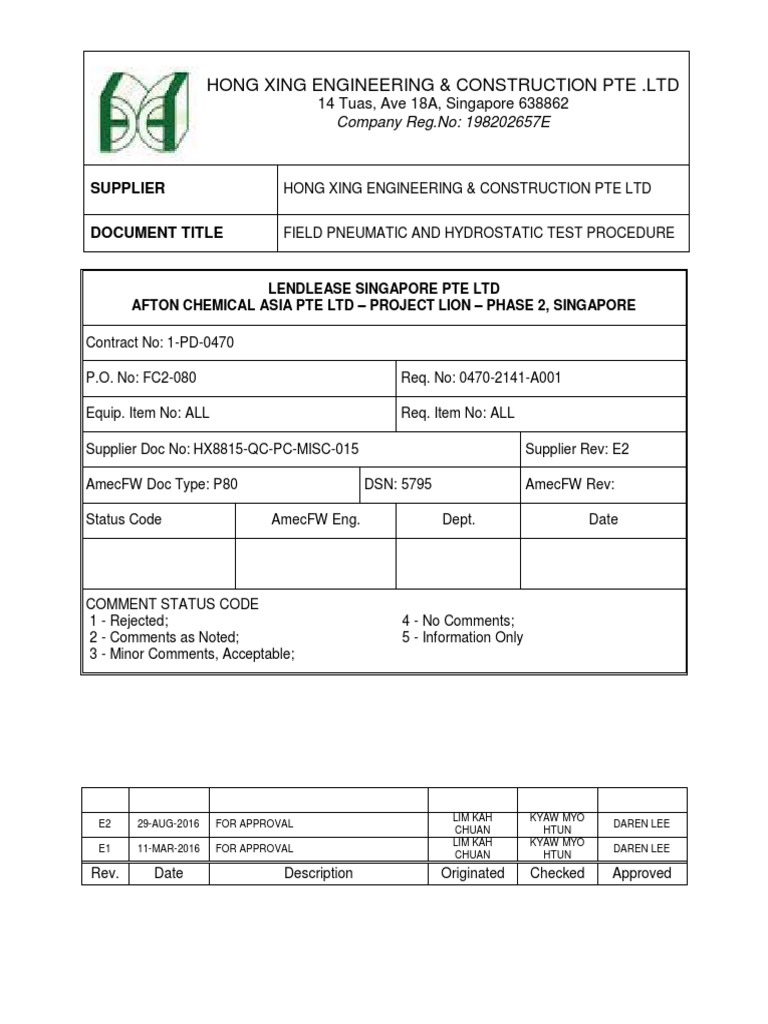 Hong Xing Engineering & Construction Pte .LTD: Supplier Document Title ...