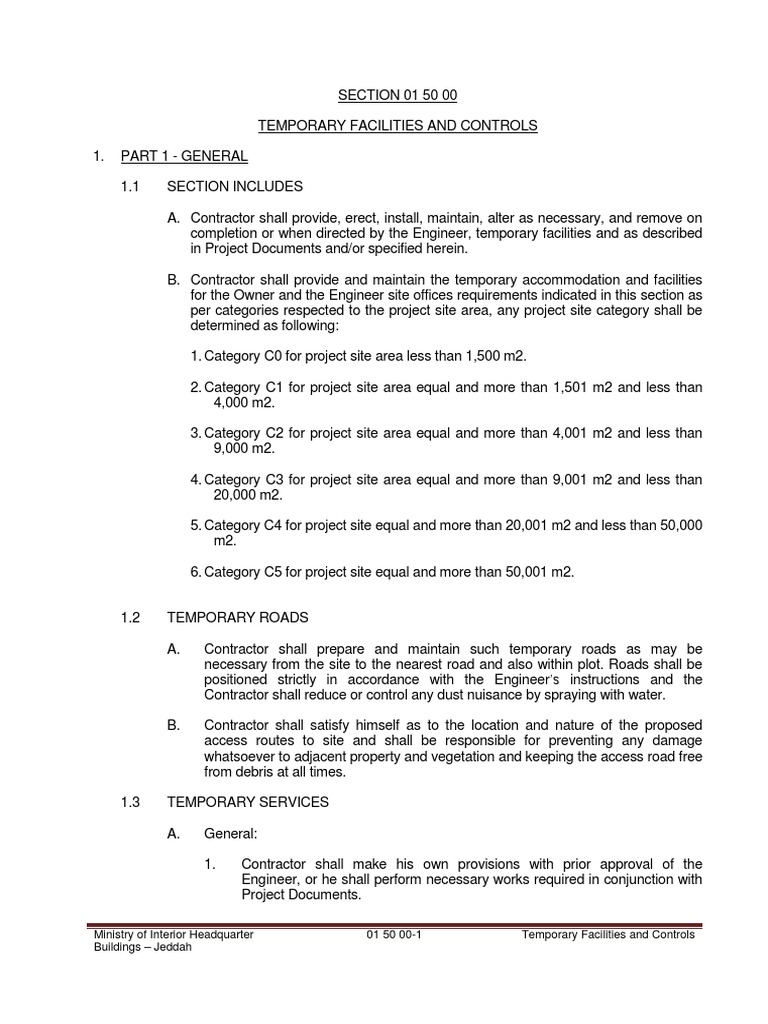 01 50 00 Temporary Facilities and Controls | PDF | Lighting | General Contractor