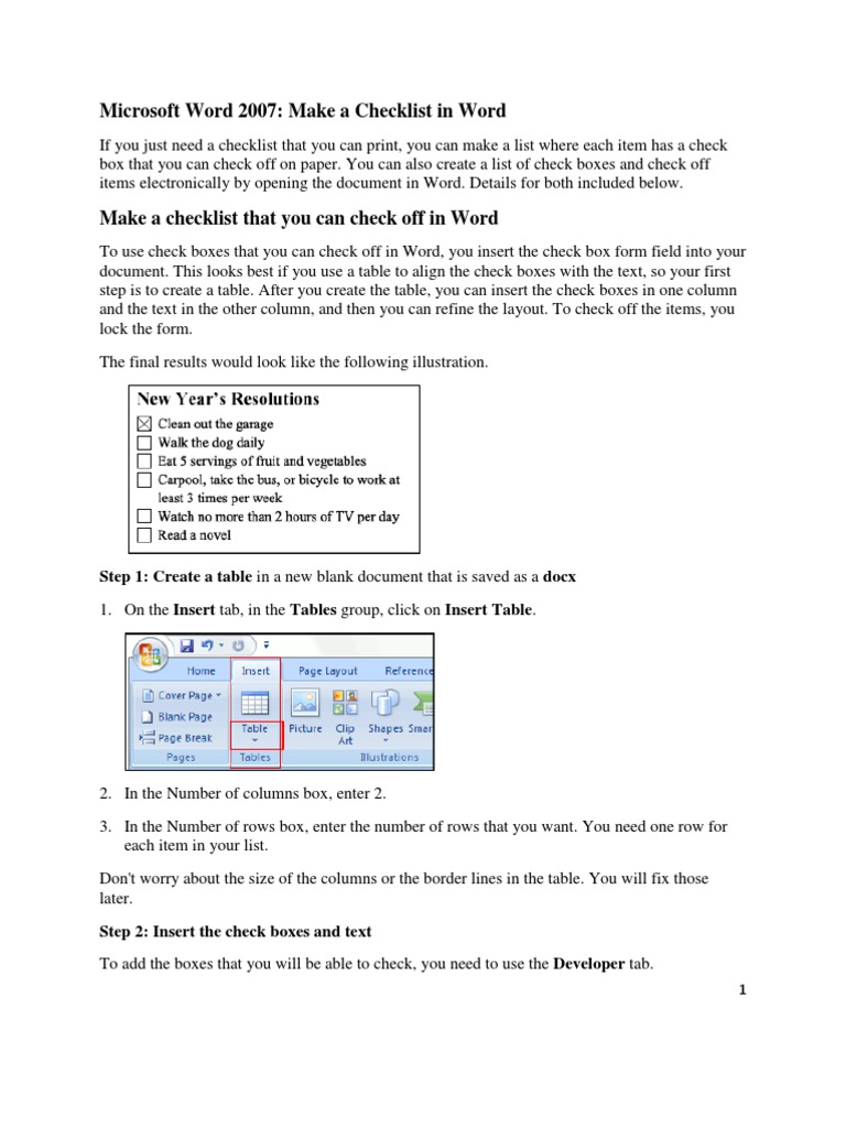 Microsoft Word 2007: Make A Checklist in Word: Step 1: Create A Table ...