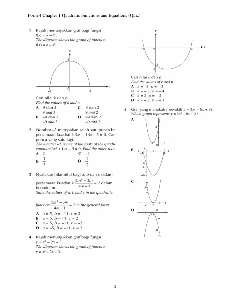 Quadratic Functions Quiz - Chapter 1 | PDF