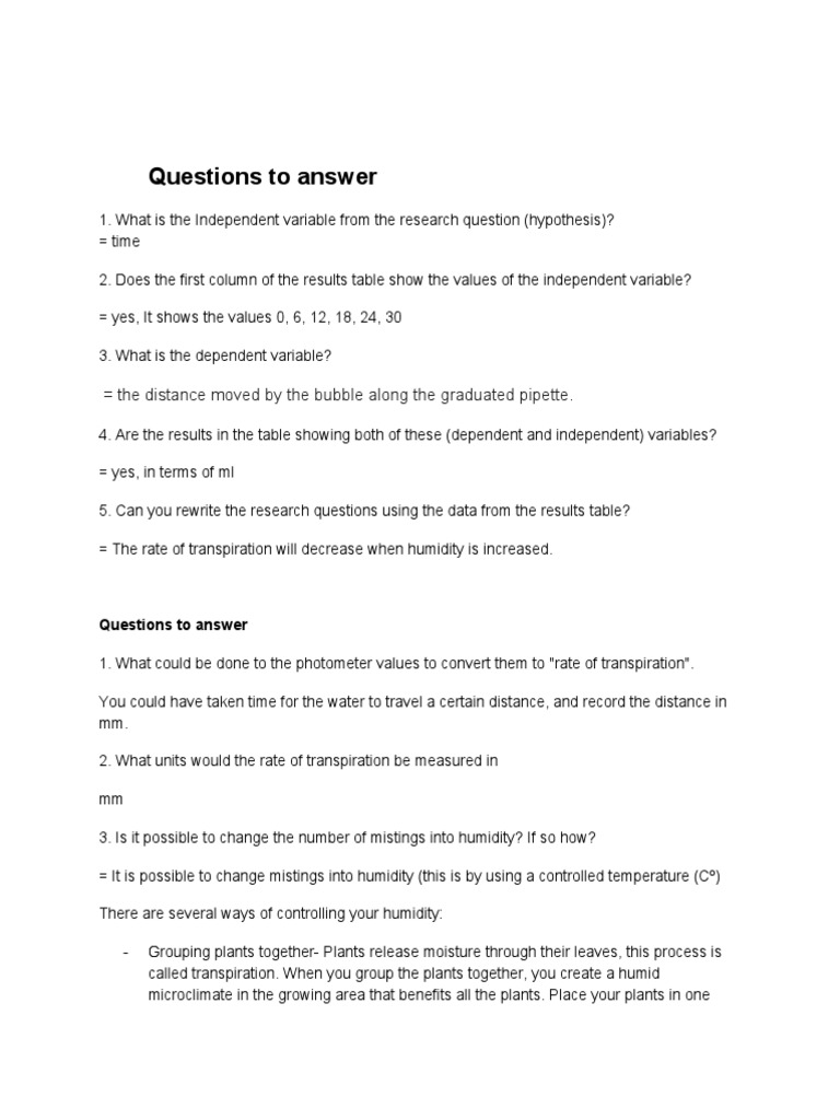 Bio - Measuring Transpiration Using Potometer | PDF | Statistical ...