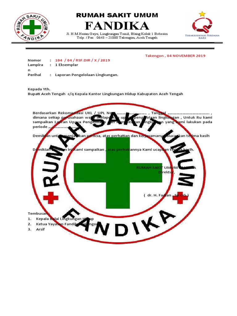 Surat Laporan Ukl - Upl Rsu Fandika | PDF