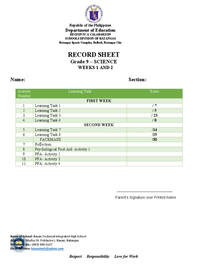 Grade 9 Science Record Sheet | PDF