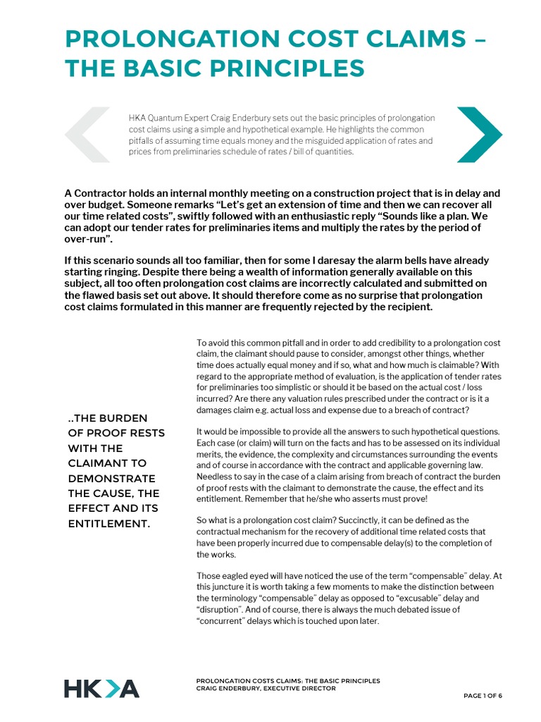 Prolongation Cost Claims - The Basic Principles | PDF | Cost | Damages