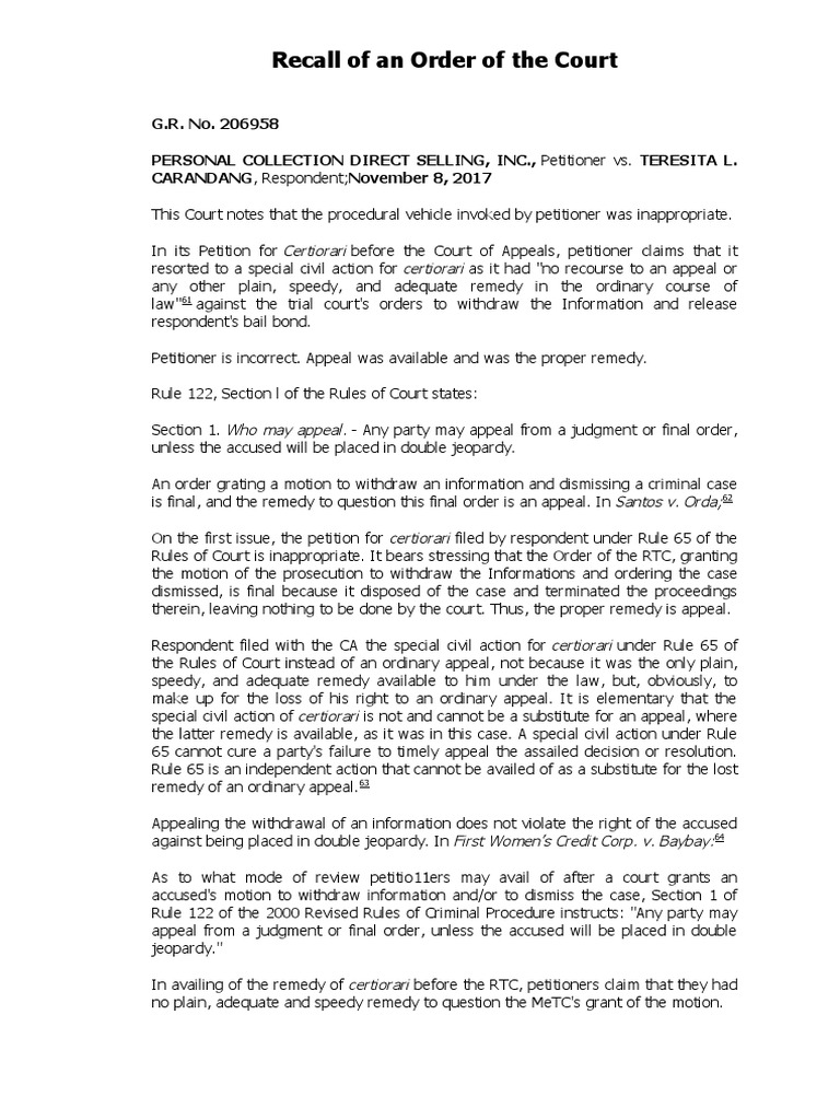 Recall of An Order | PDF | Certiorari | Prosecutor