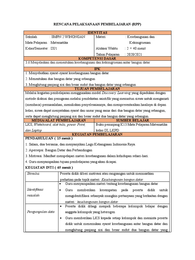 RPP 1 Lembar Materi Kesebangunan Dan Kekongruenan | PDF