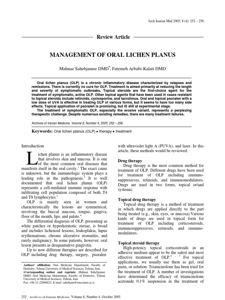 Management of Oral Lichen Planus: Review Article | PDF | Topical Medication | Therapy