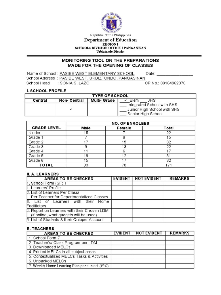 Department of Education: Monitoring Tool On The Preparations Made For ...