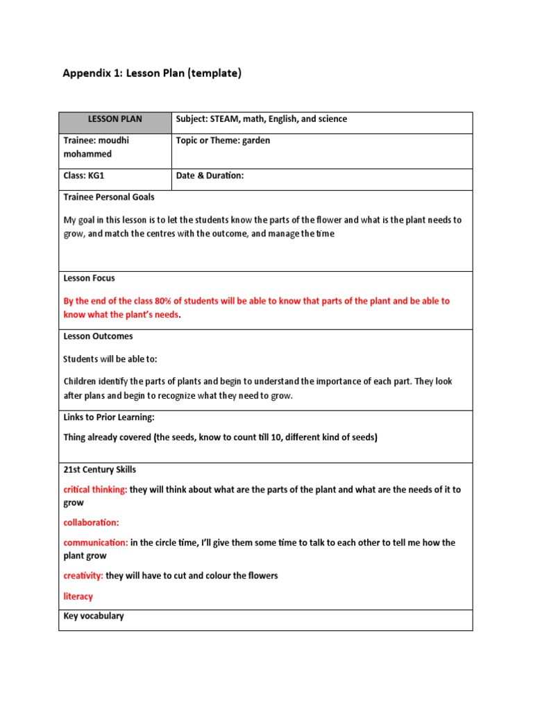 Appendix 1: Lesson Plan (Template) | PDF | Lesson Plan | Flowers
