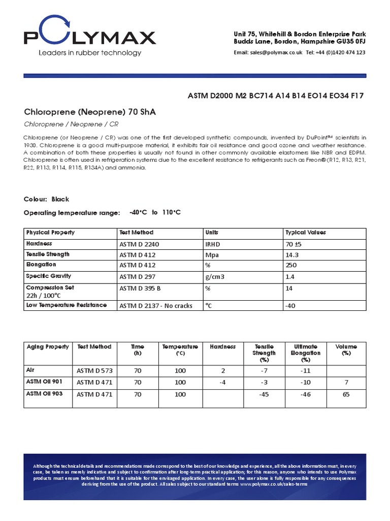 Chloroprene (Neoprene) 70 Sha: Astm D2000 M2 Bc714 A14 B14 Eo14 Eo34 ...
