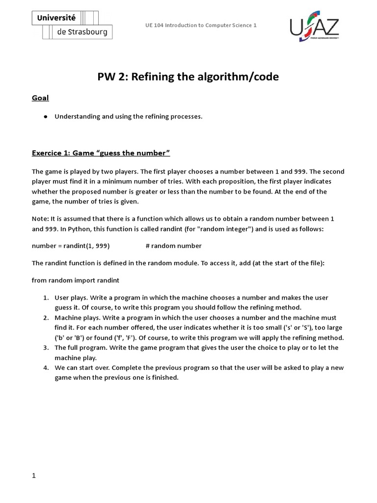 PW 2: Refining The Algorithm/code: UE 104 Introduction To Computer ...