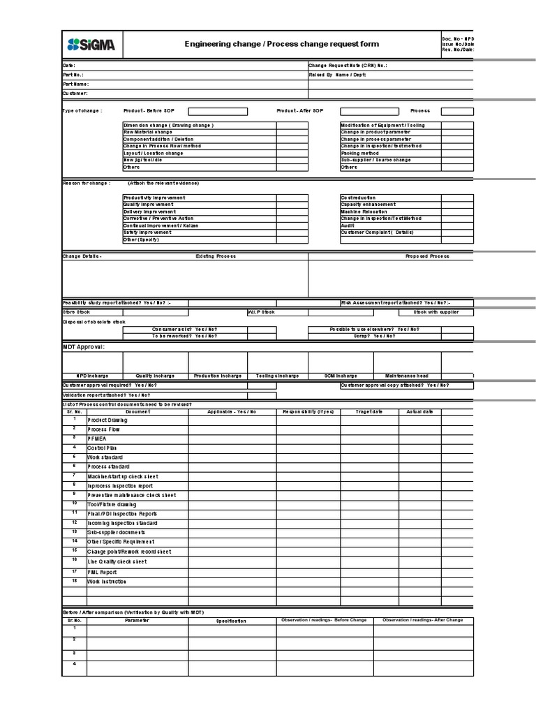 Engineering Change / Process Change Request Form: MDT Approval | PDF ...