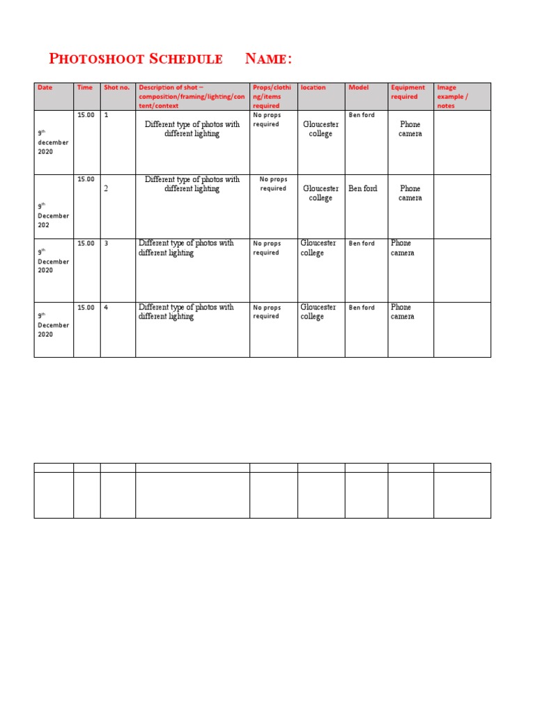 Photoshoot Schedule for December 2020 | PDF