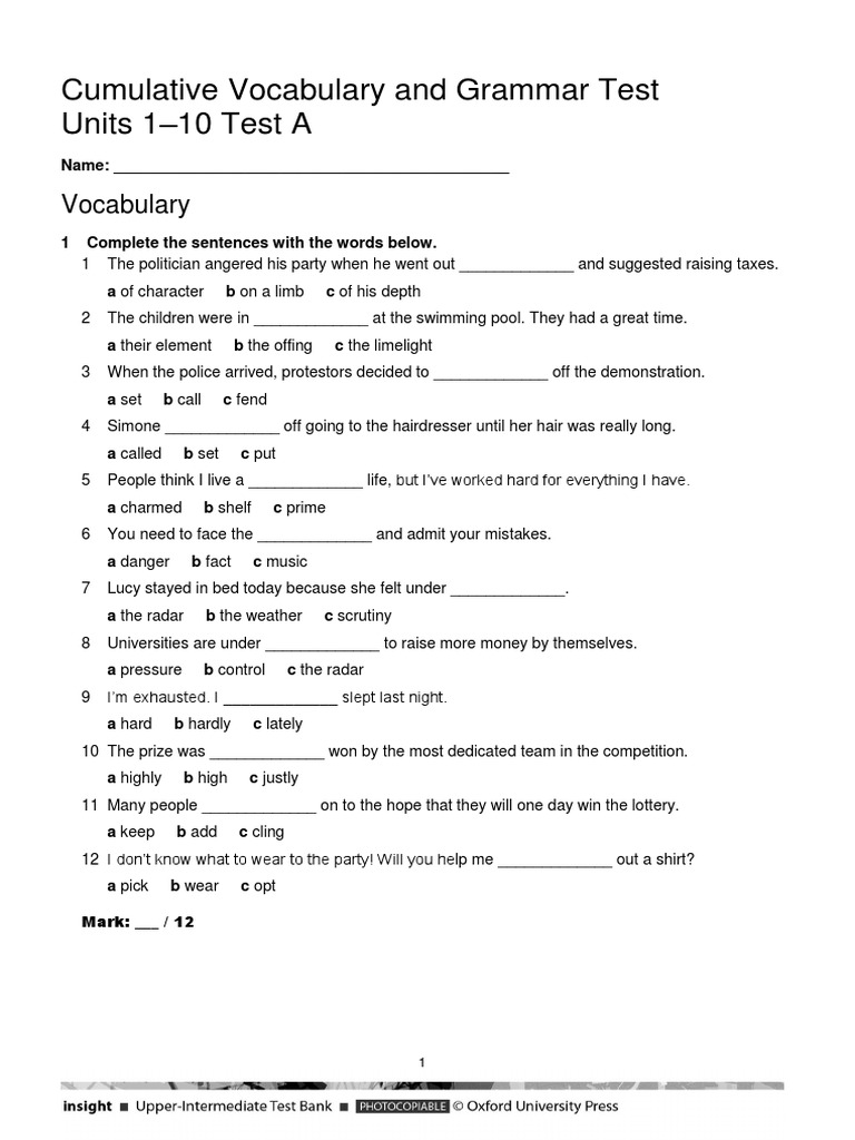 Cumulative Vocabulary and Grammar Test | PDF