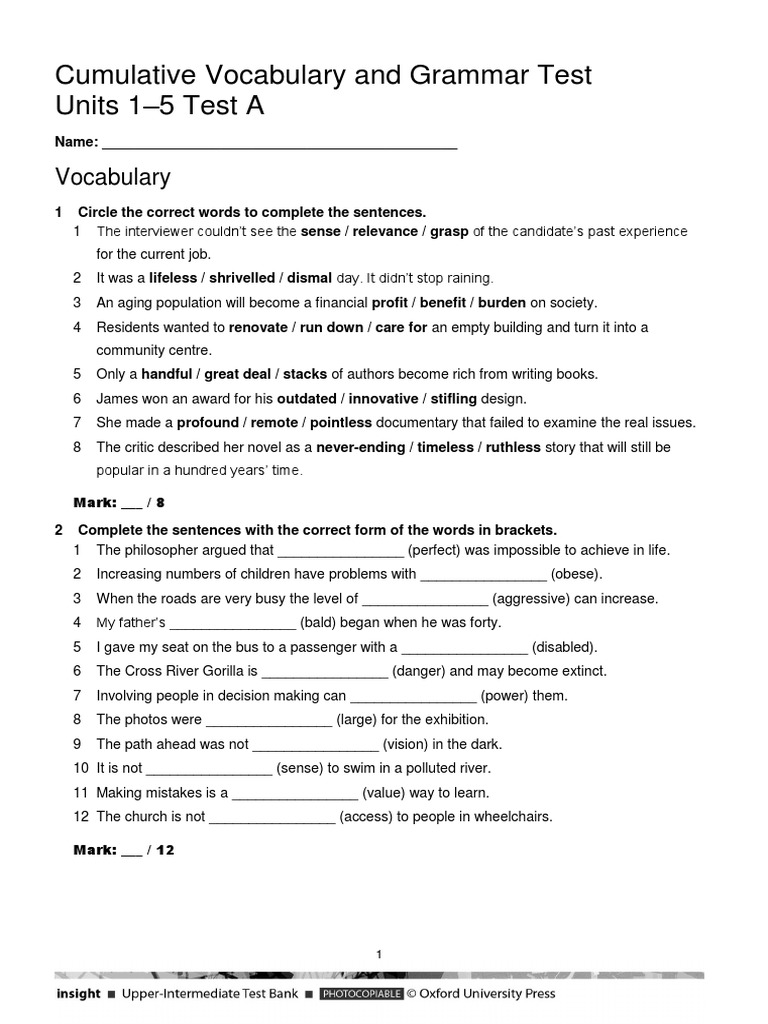 Vocabulary and Grammar Test Units 1-5 | PDF
