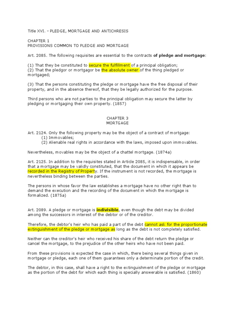 Pledge, Mortgage and Antichresis | PDF | Mortgage Law | Government ...
