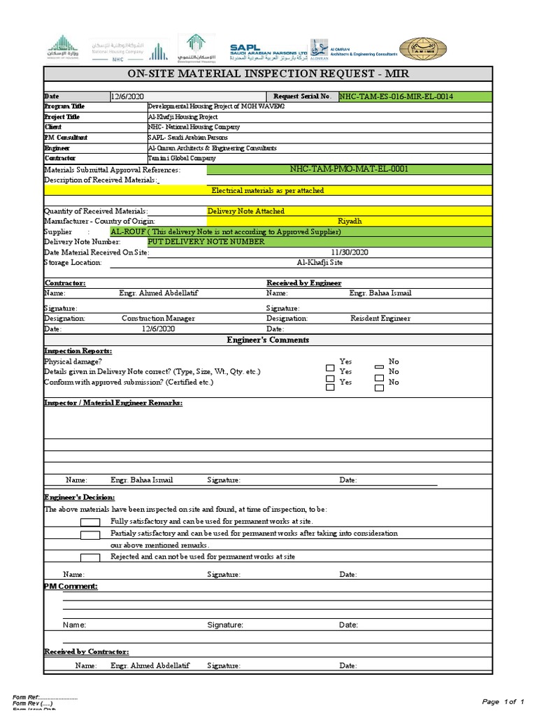 On-Site Material Inspection Request - Mir: Date Request Serial No | PDF ...