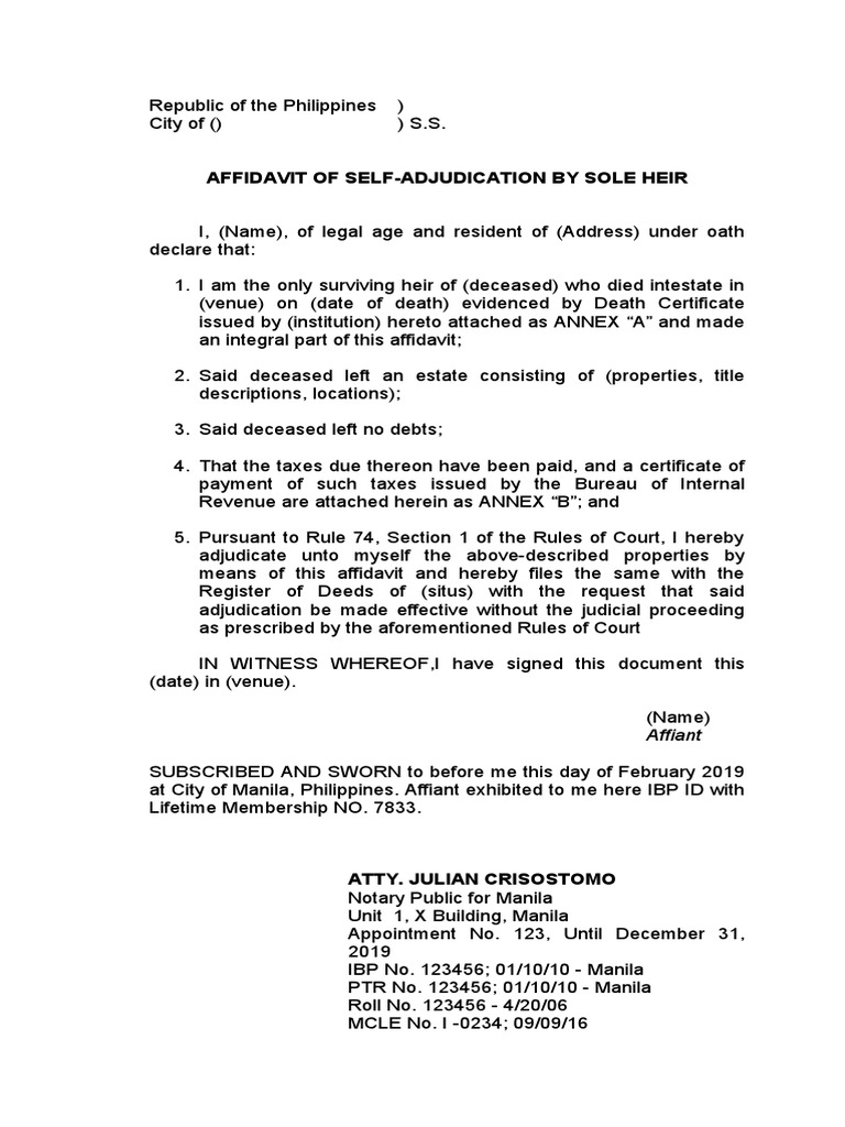 Sole Heir's Self-Adjudication Affidavit | PDF | Law