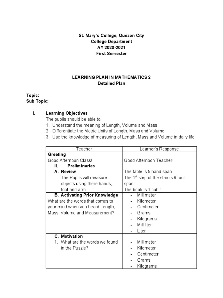 Lesson Plan (Measurement | PDF | Litre | Measurement