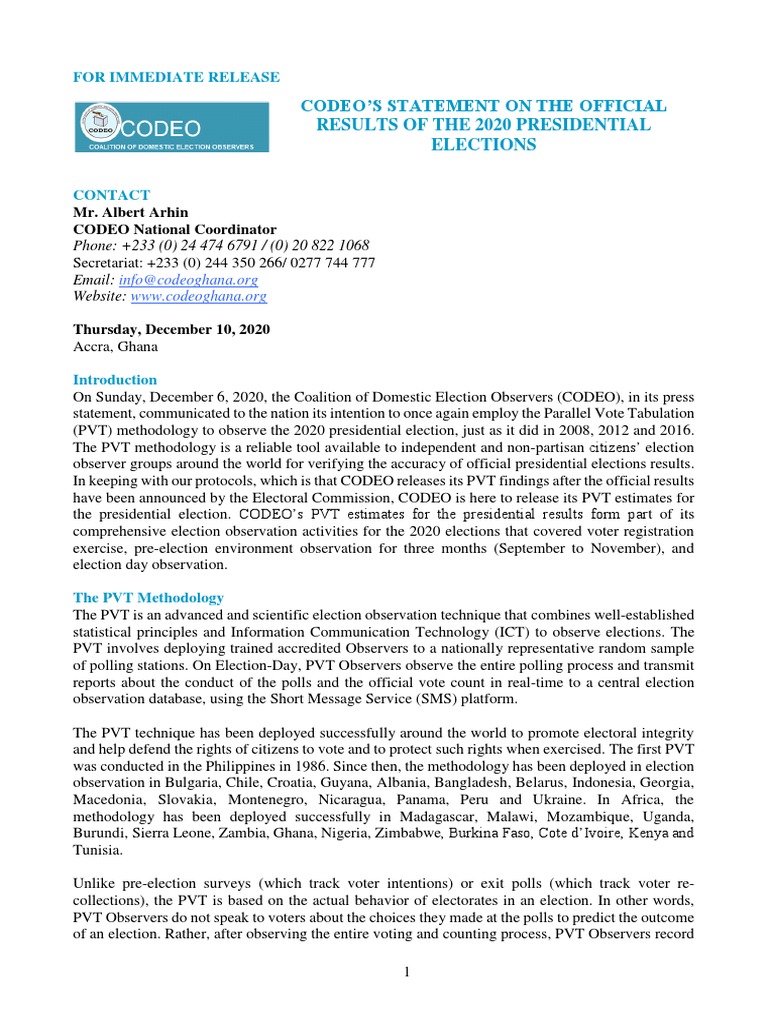 CODEO 2020 Presidential Election Result Verification Statement (PVT ...