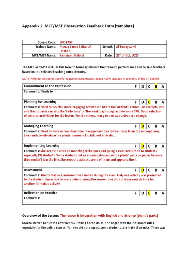 Appendix 2: MCT/MST Observation Feedback Form (Template) : Commitment ...