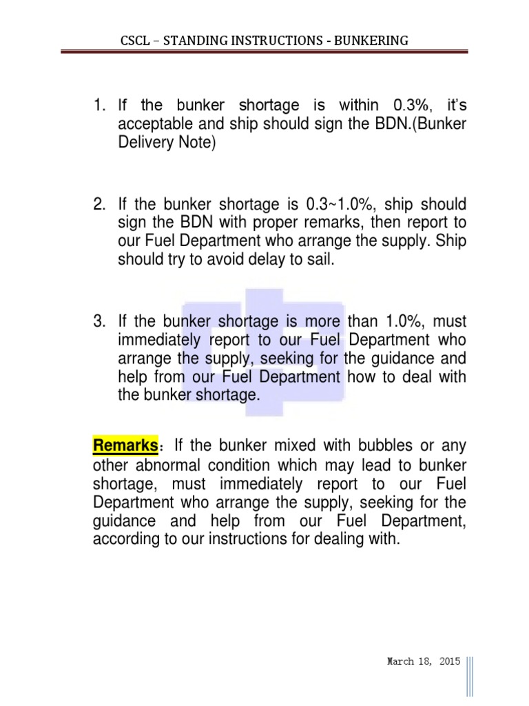 CSCL Bunkering Standing Instructions | PDF