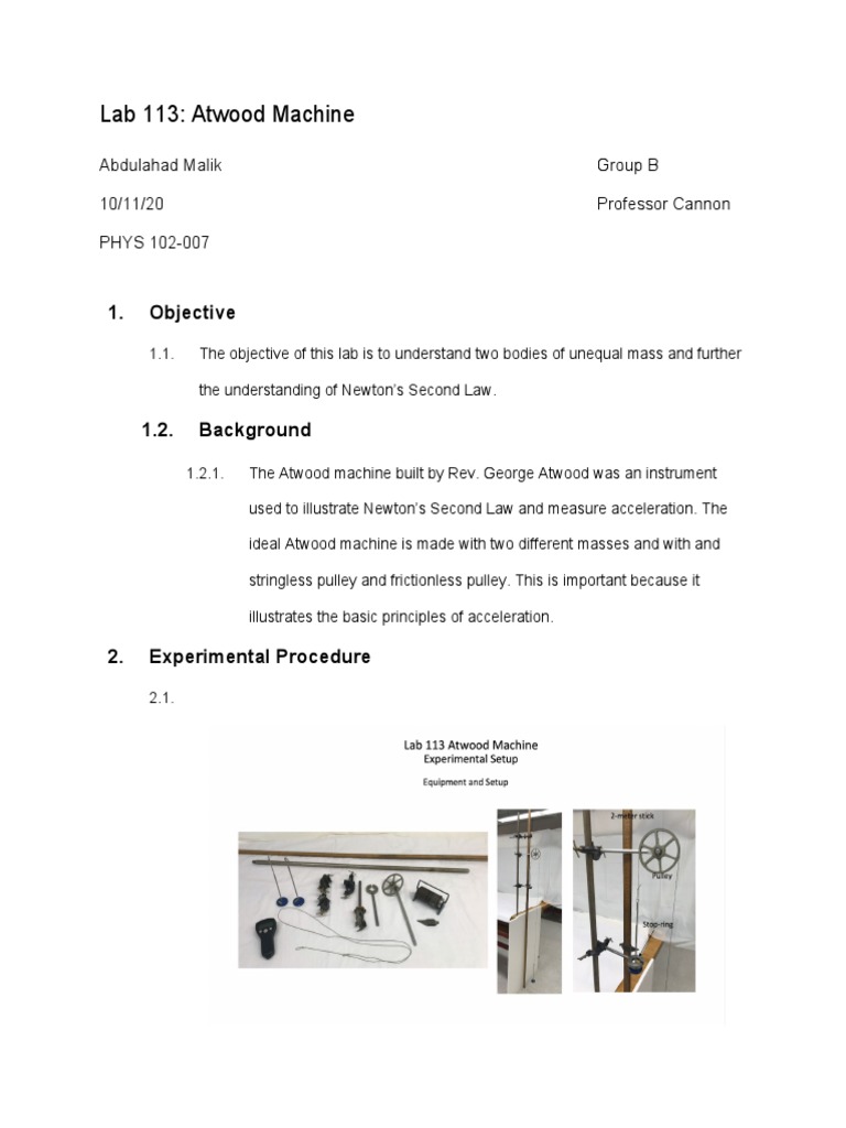 Lab 113 - Atwood Machine | PDF | Mass | Acceleration