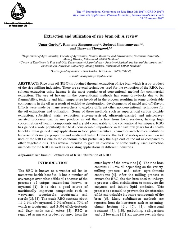 Rice Bran Oil Extraction Methods Review | PDF | Supercritical Fluid ...