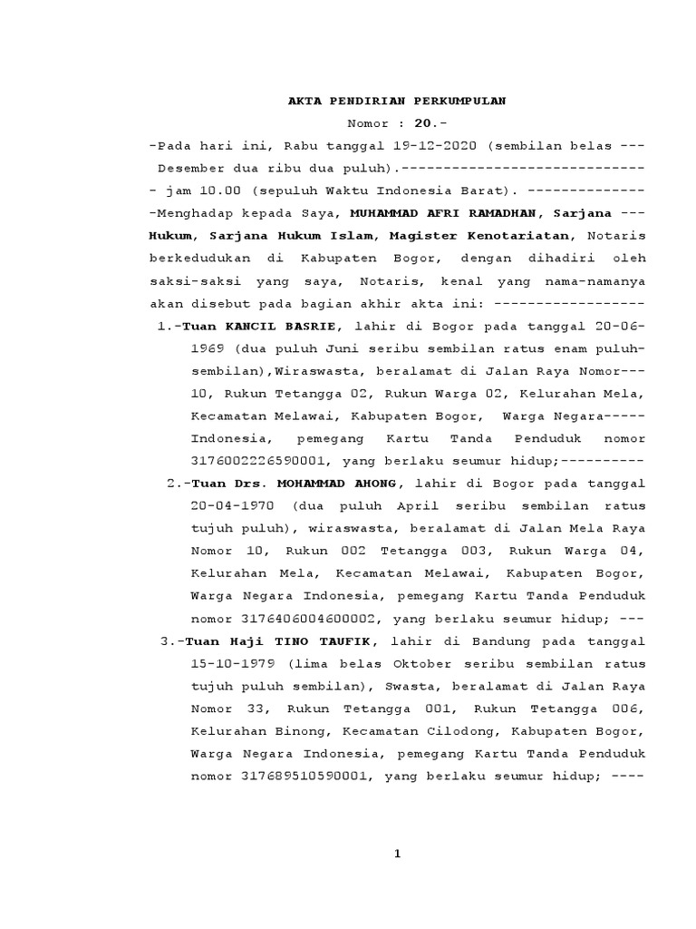 Akta Pendirian Perkumpulan | PDF