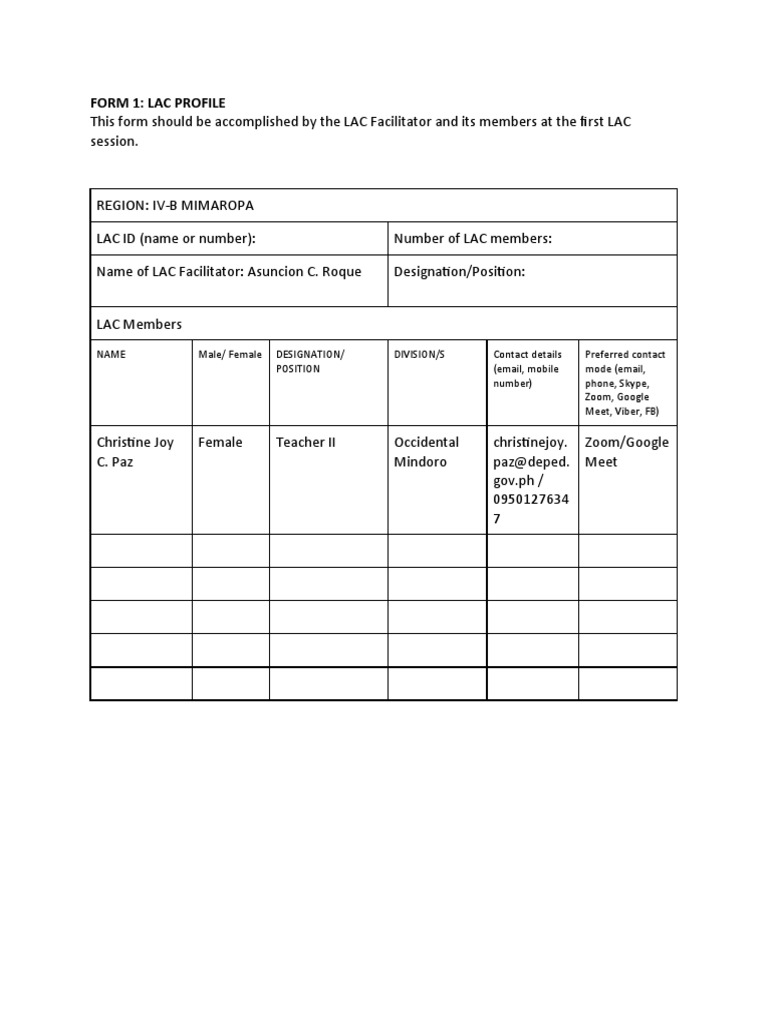 Form 1. LAC Profile | PDF