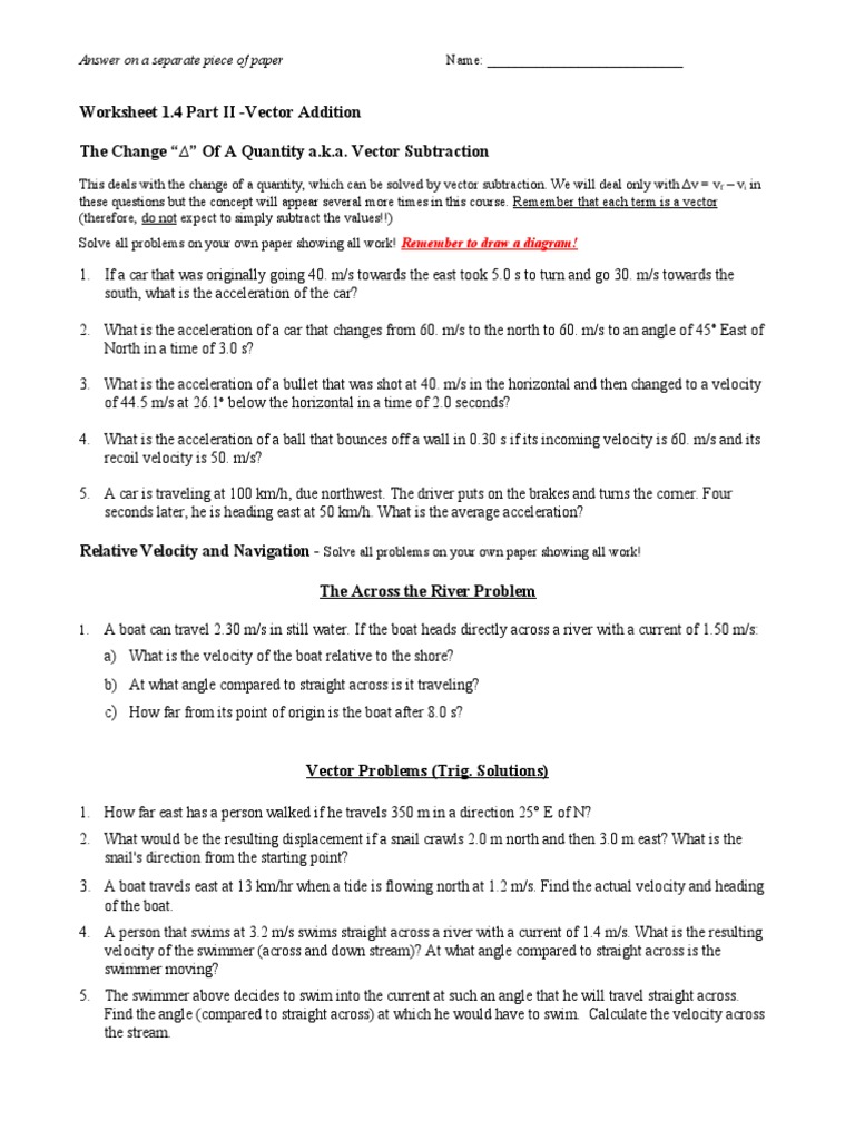 Unit 1 - Vectors and Kinematics - 1.4 Vectors Part 2 - Key | PDF ...
