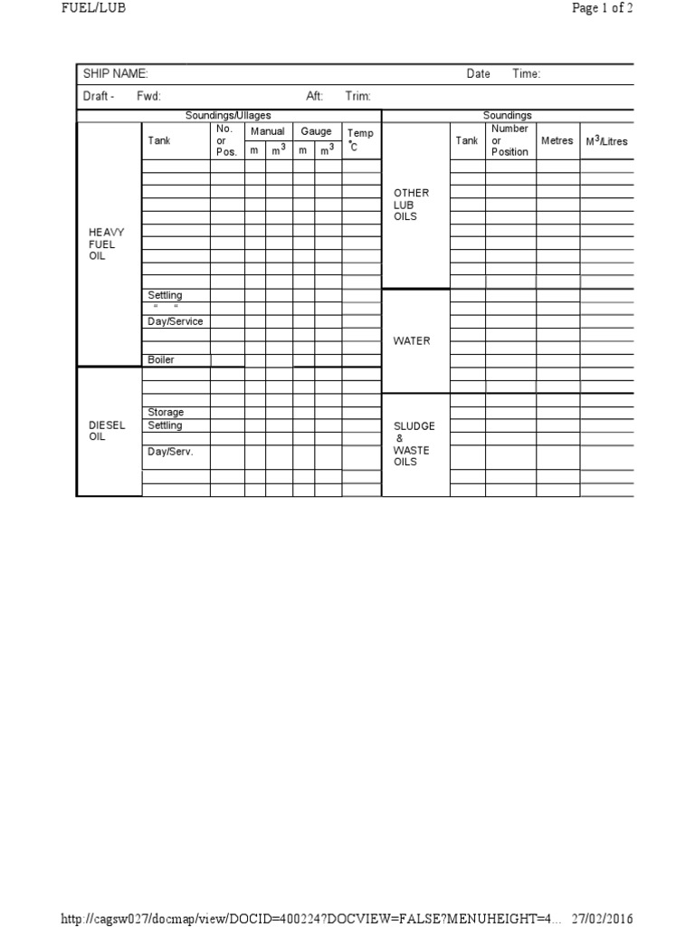 FM-078 Fuel LO Water Sludge Tank Sounding Book | PDF