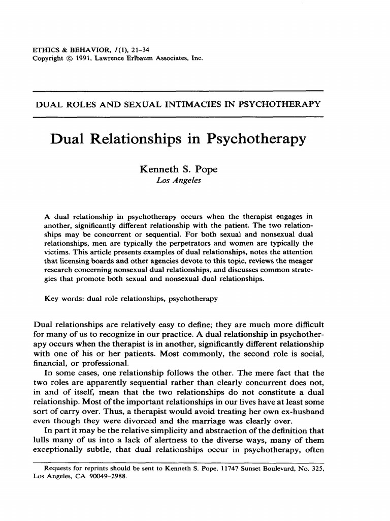 Dual Relationships in Psychotherapy | PDF