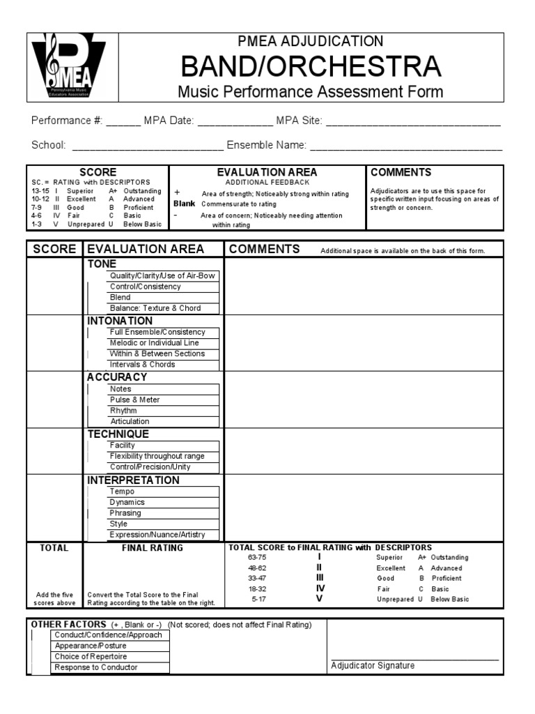 Band/Orchestra: Music Performance Assessment Form | Download Free PDF ...