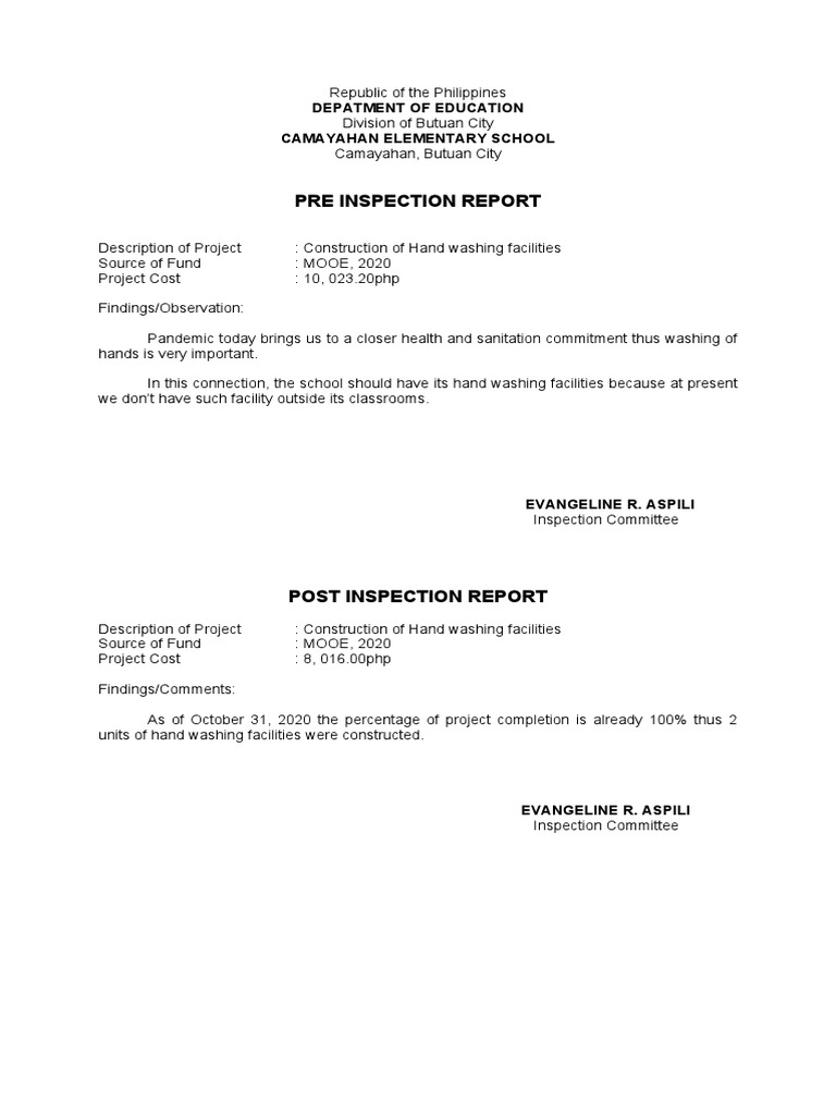 Pre Inspection Report: Depatment of Education Camayahan Elementary ...