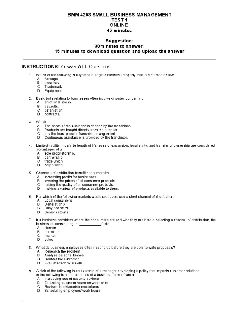 BMM 4253 Small Business Management Test 1 Online 45 Minutes Suggestion ...