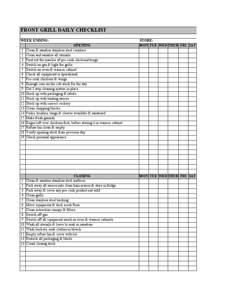 Front Grill Daily Checklist: Week Ending: Store: Opening Mon Tue Wed ...