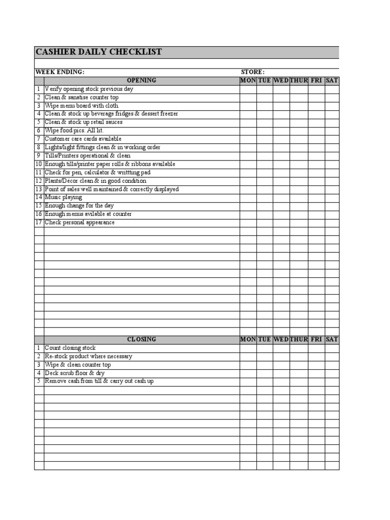 Cashier Daily Checklist: Week Ending: Store: Opening Mon Tue Wed Thur ...