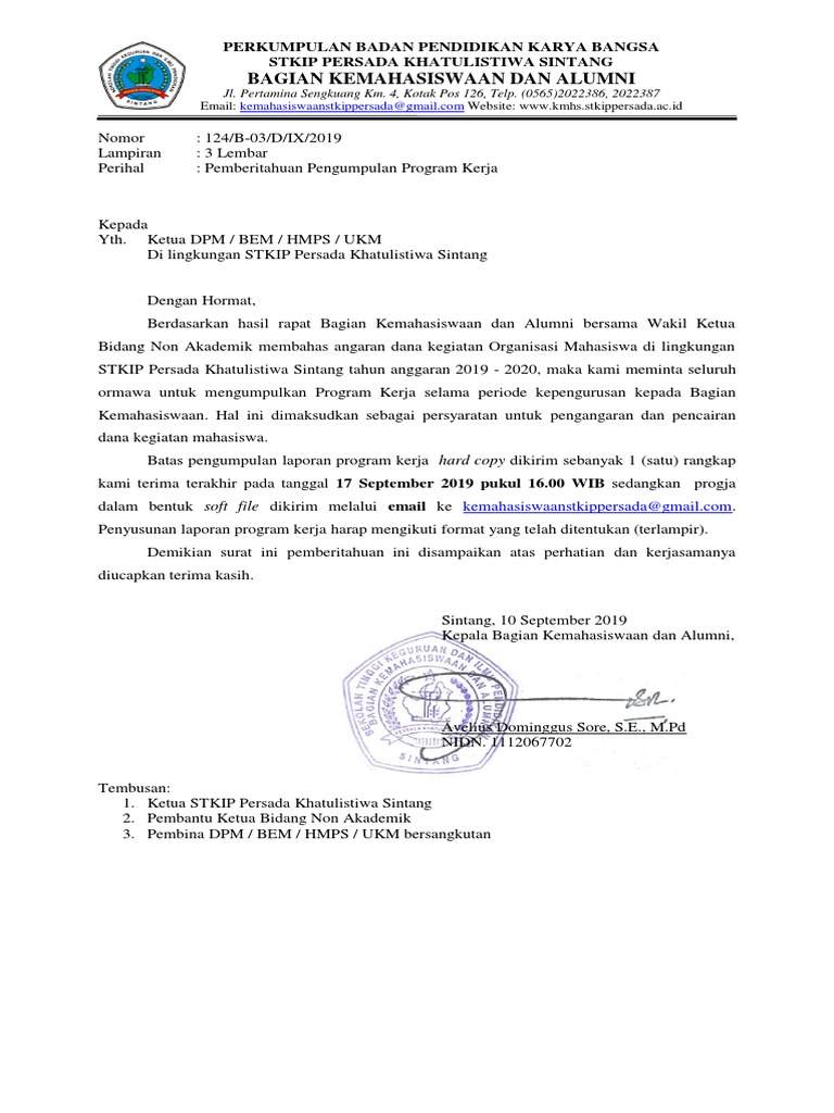 Surat Pemberitahuan Pengumpulan Program Kerja 2019 | PDF