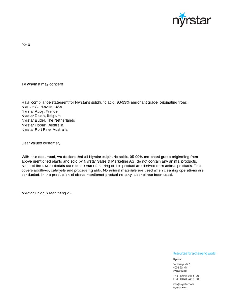 Halal Compliance Statement Merchant Grade Sulphuric Acid 2019