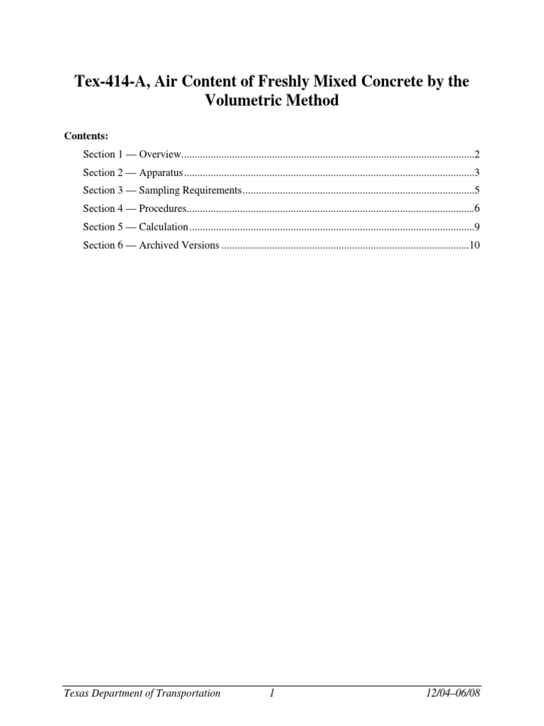Tex-414-A, Air Content of Freshly Mixed Concrete by The Volumetric ...