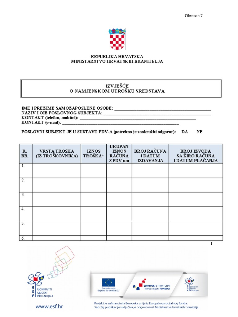 Izvješće o Namjenskom Utrošku Sredstava (Obrazac 7) - Samozapošljavanje ...