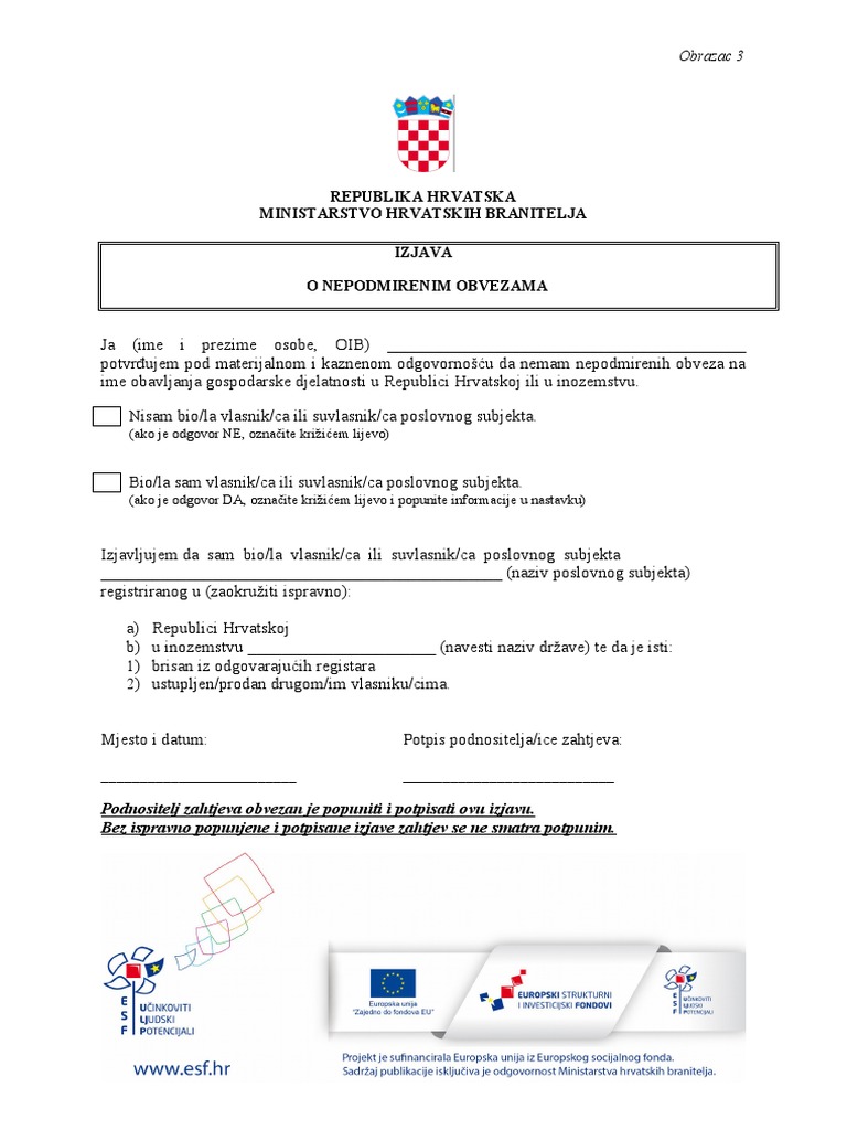 Izjava o Nepodmirenim Obvezama (Obrazac 3) - Samozapošljavanje - EU | PDF